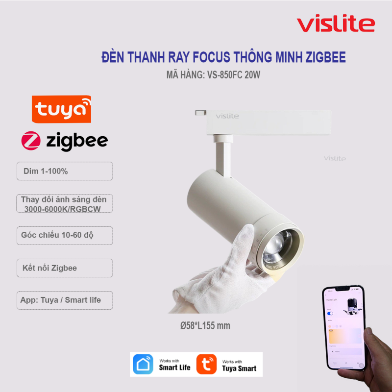 Đèn thanh ray spotlight FOCUS thông minh Zigbee VS-850FC - Vislite.com.vn